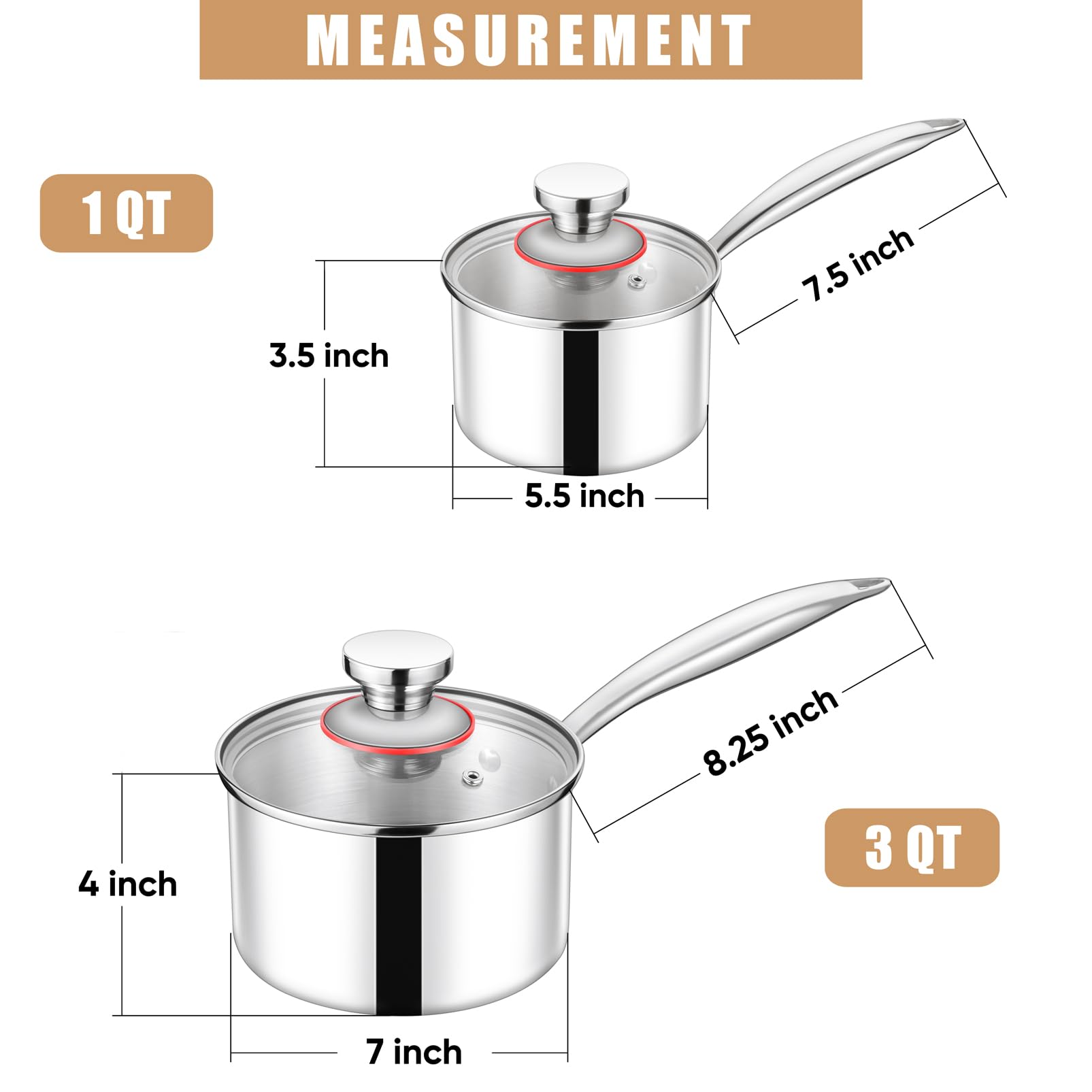TeamFar Saucepan with Lid, 1qt & 3qt Stainless Steel Tri-ply Sauce Milk pan Small Cooking Pot for Induction/Gas/Electric/Ceramic, Healthy & Heavy Duty, Ergonomic Handle & Dishwasher Safe β Set of 2