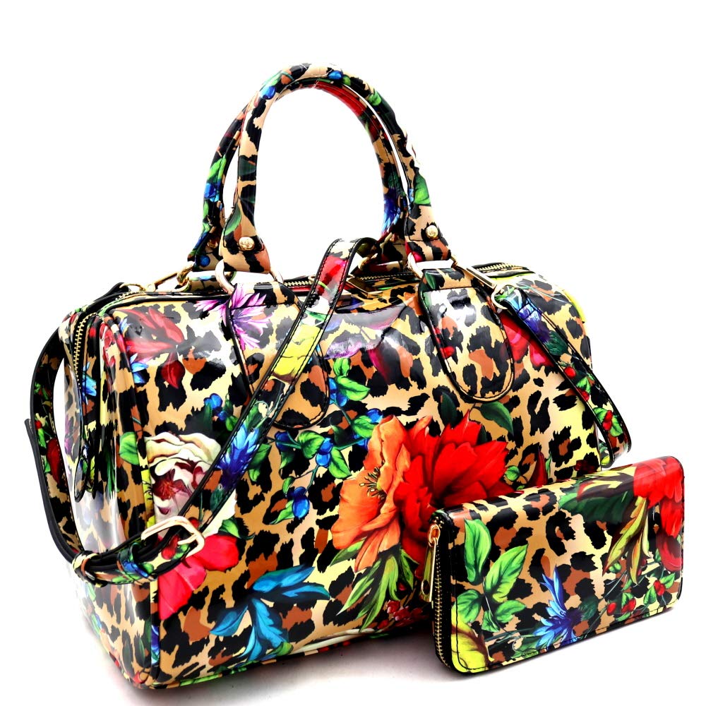 Trendeology Patent Vegan Leather Leopard Flower Print Satchel Shoulder Bag Purse Handbag (Doctor Bag - Light Brown)