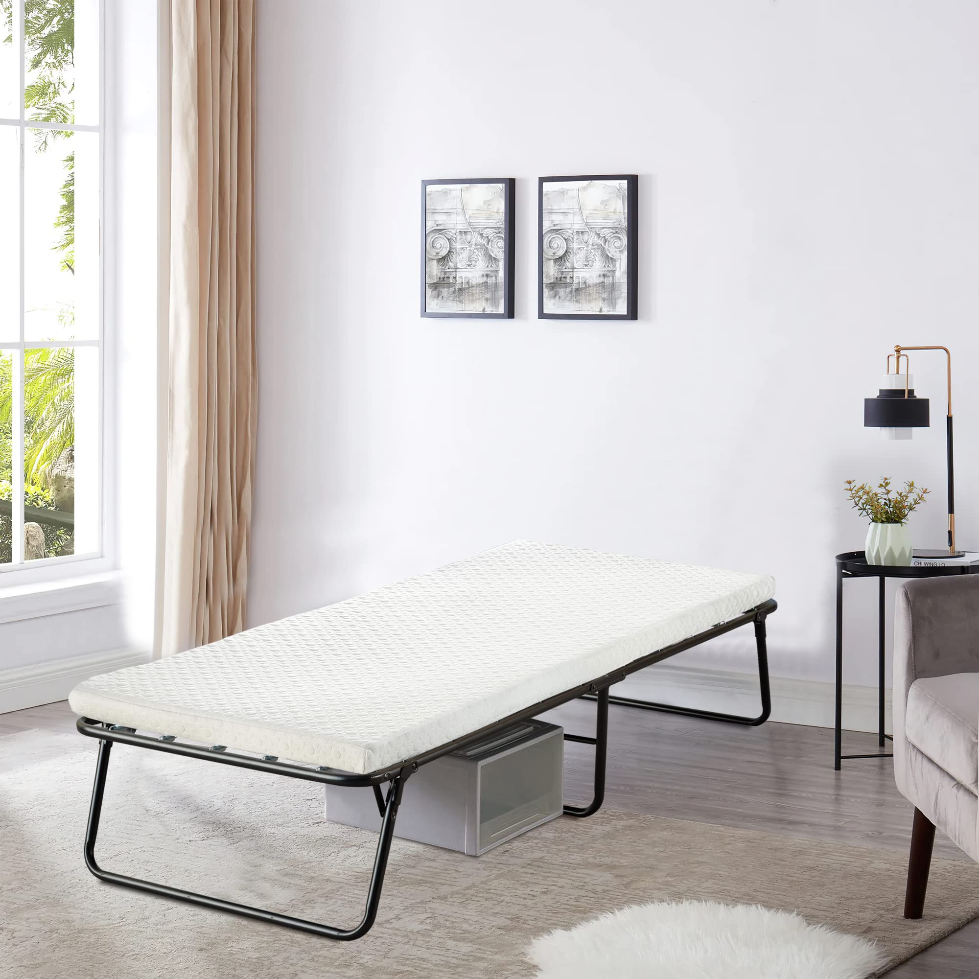 Treaton, 14â Folding Bed with Luxurious Memory Foam Mattress, Strong and Sturdy Metal Frame, Portable Guest Bed for Easy Storage, 26-Inch, White