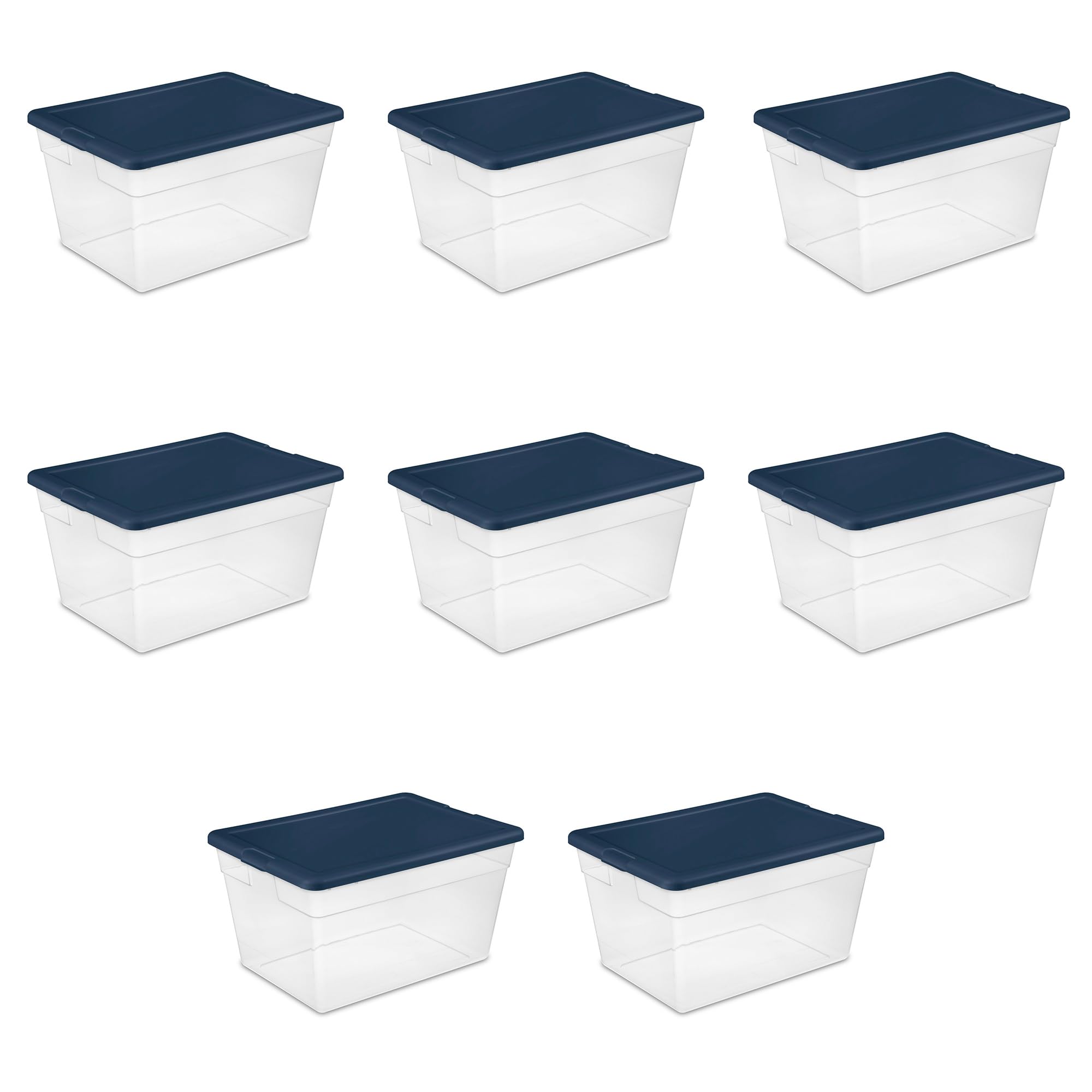 Sterilite Stackable 56 Quart Clear Home Storage Box with Handles and Marine Blue Lid for Efficient, Space Saving Storage and Organization (8 Pack)