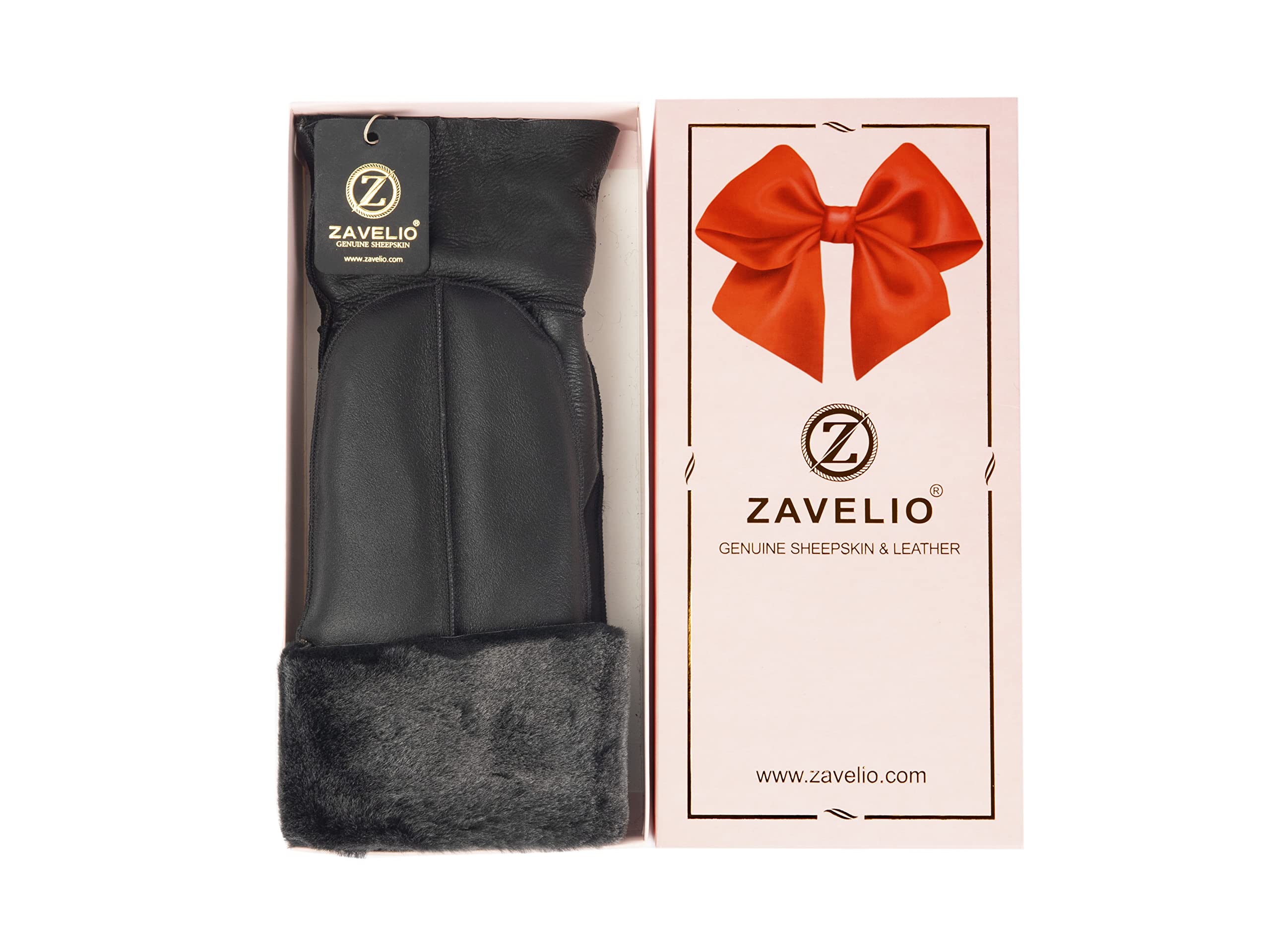 Zavelio Women's Premium Shearling Sheepskin Leather Fur Mittens Black Medium