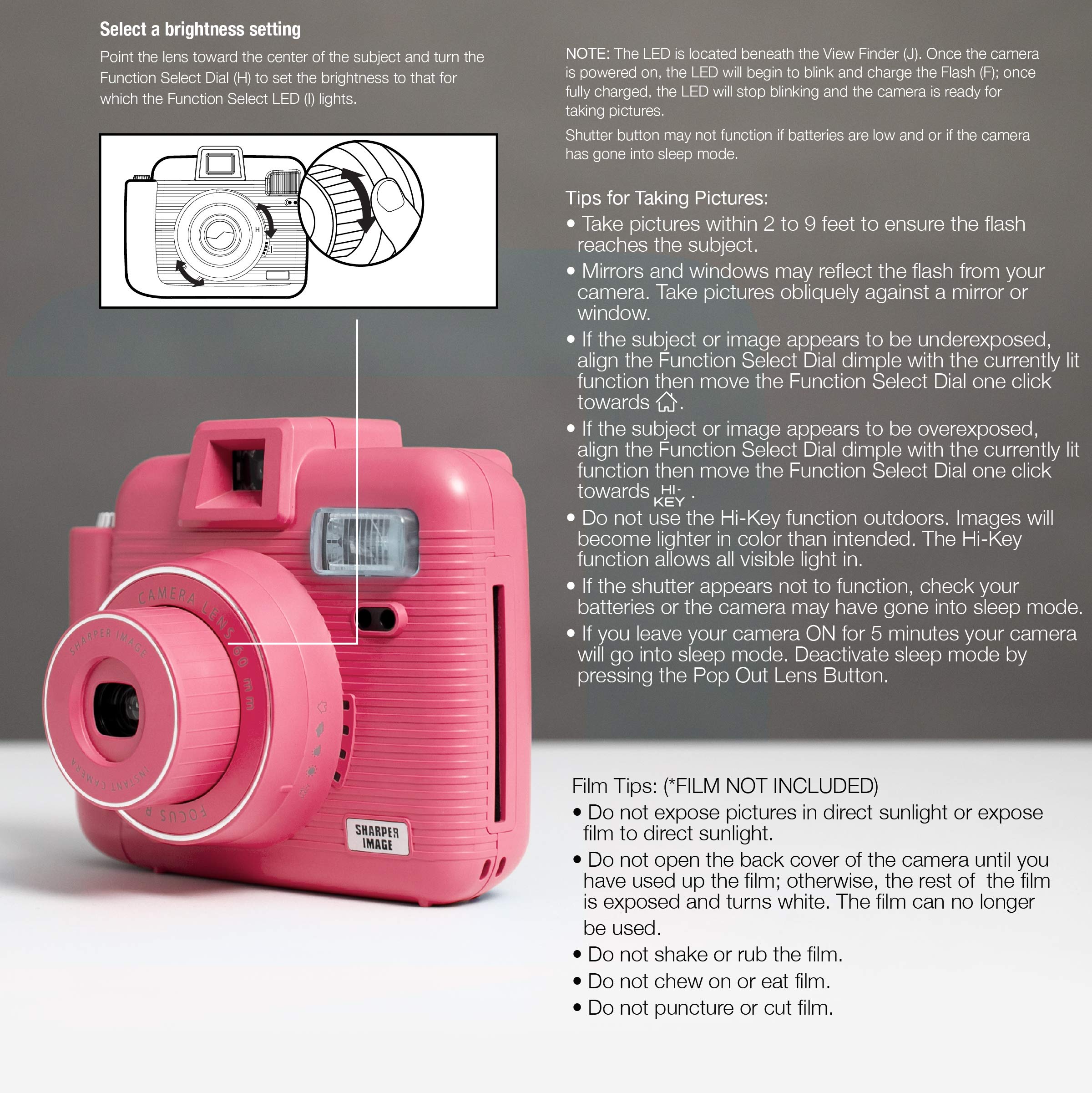 SHARPER IMAGE Instant Camera with Flash and 5 Lighting Modes, Compatible with Instant Mini Film, Prints Photos in Seconds, Capture Memories Indoors or Outdoors! β Pink