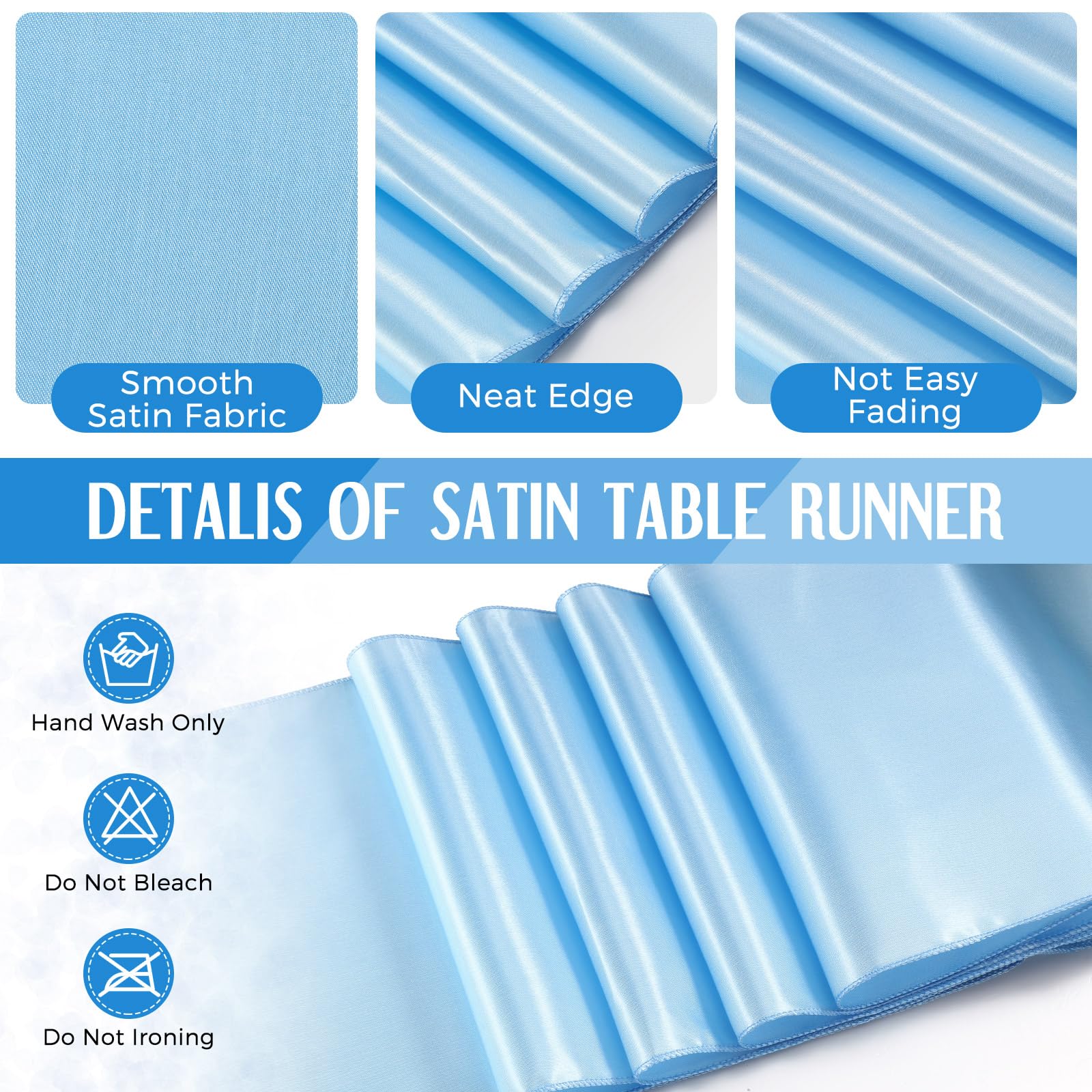 Tudomro 16 Pcs Round Plastic Tablecloth and 12 x 108 Satin Table Runner Set 84" Round Table Covers Circle Plastic Table Cloth for 4th of July Birthday Wedding Party Decoration(White, Light Blue)