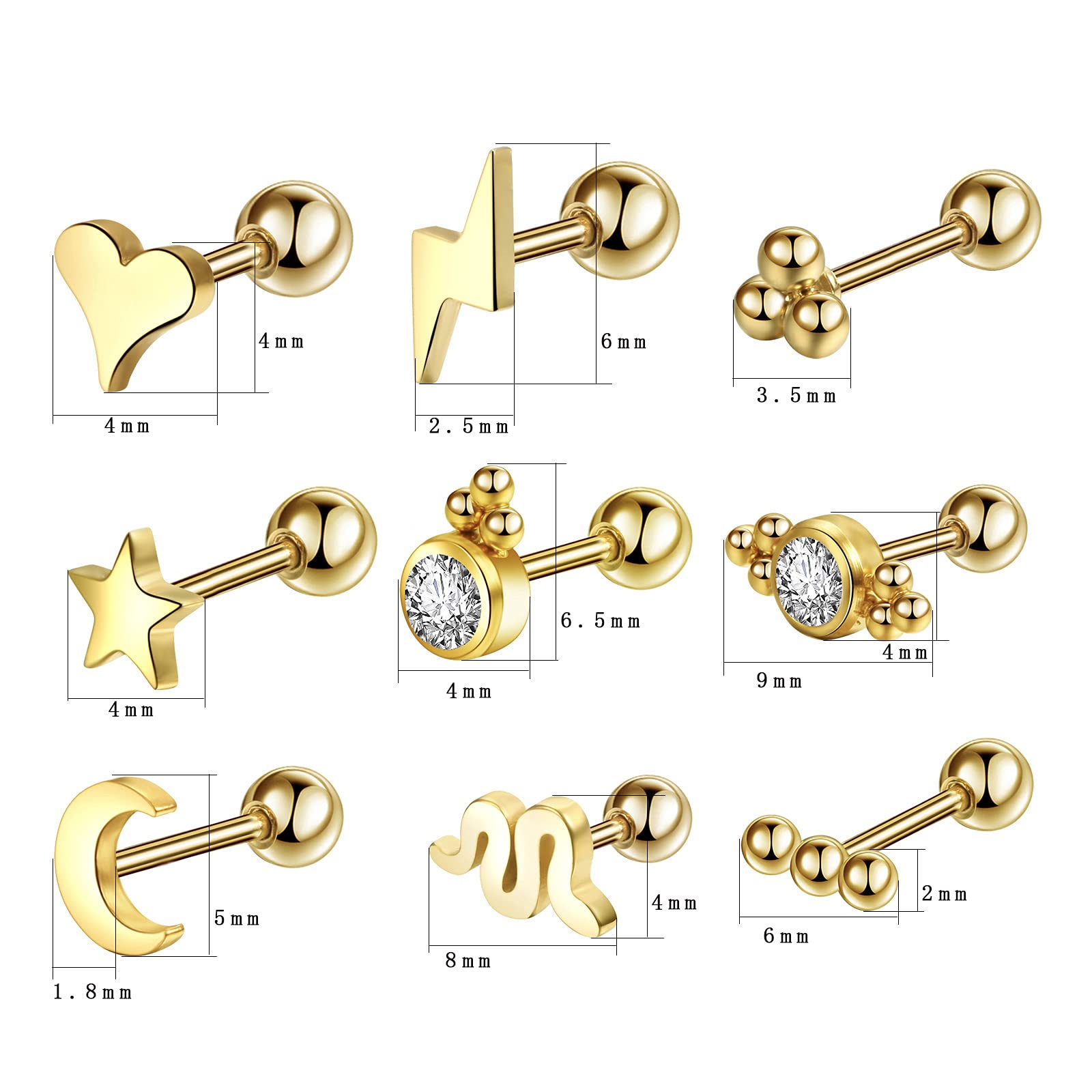 Toppiercing 9 Pcs Stainless Steel Stud Earrings Set 20g Screw Back Ball Tragus Stud CZ Rhinestone Cartilage Earrings Helix Ear Piercing Jewelry