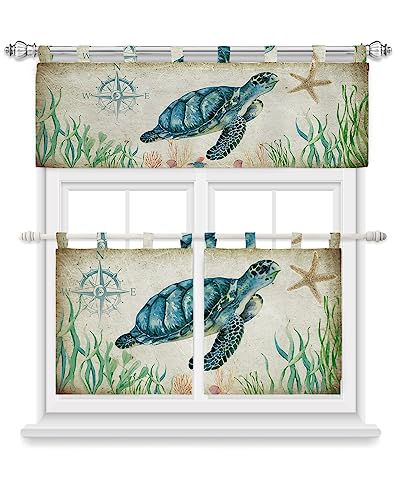 Tab Top Curtain Valance and Tiers Set,Underwater World Turtle Starfish Compass Light Filtering Kitchen Curtains Valances,Ocean Creature Seagrass Nautical Cafe Window Treatment Drapes for Bedroom