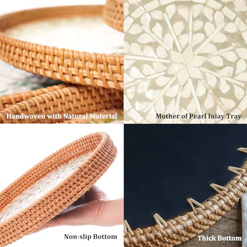 Tynulox 11.8" Rattan Tray with Mother of Pearl Inlay Wooden Base | Round Woven Wicker Tray | Coffee Table Tray for Storage Display Bread Fruit Breakfest