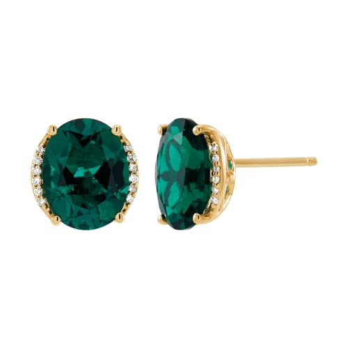 Welry Created Emerald Oval Stud Earrings with Diamonds in 10K Yellow Gold