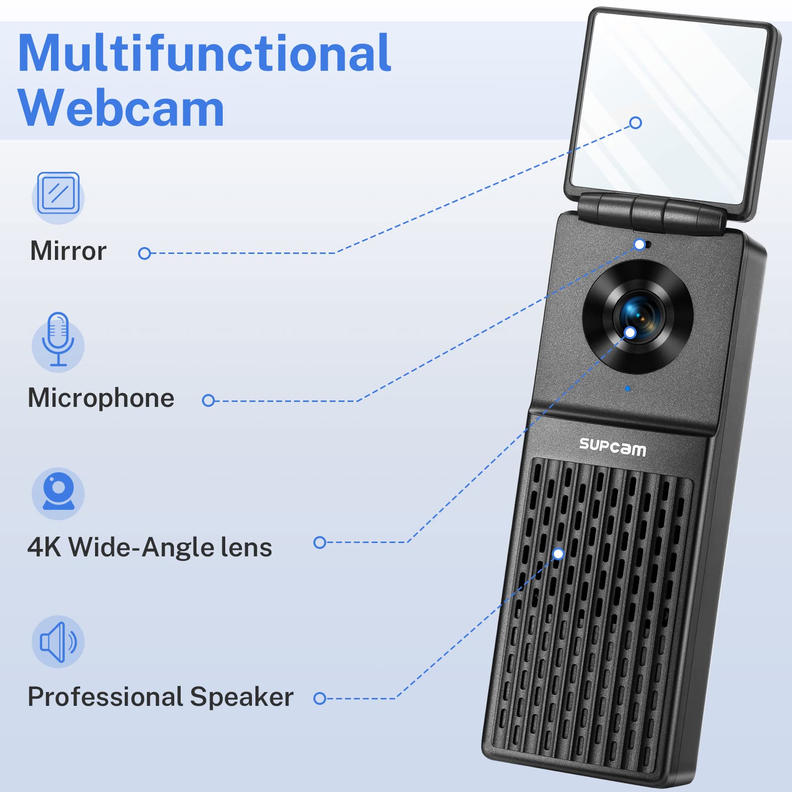 SUPCAM Webcam with Microphone, HD 2K Web Camera for Laptop Computer PC,USB Camera with Speaker for Desktop,Streaming Web Cam with External Privacy Cover for Video Calling,Conferencing, Gaming