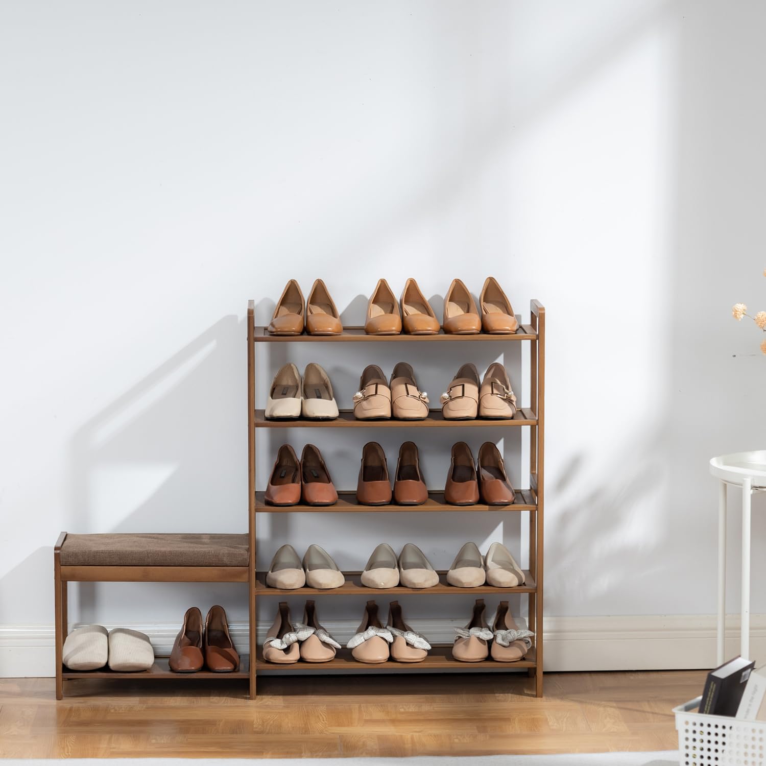 SOBIBO 5 Tier Shoe Rack, Bamboo Bench with Seat, Space-Saving Shoe Shelf, Entryway Storage, 40.94"