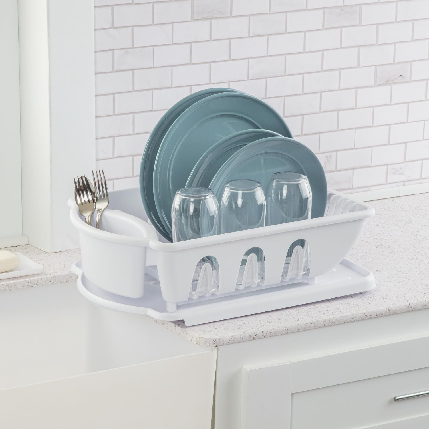 Sterilite 2 Piece Sink Set, With Drainboard for Drying, Holds Clean Dishes in the Kitchen such as Plates, Cups, Bowls, and Silverware, White, 6-Pack