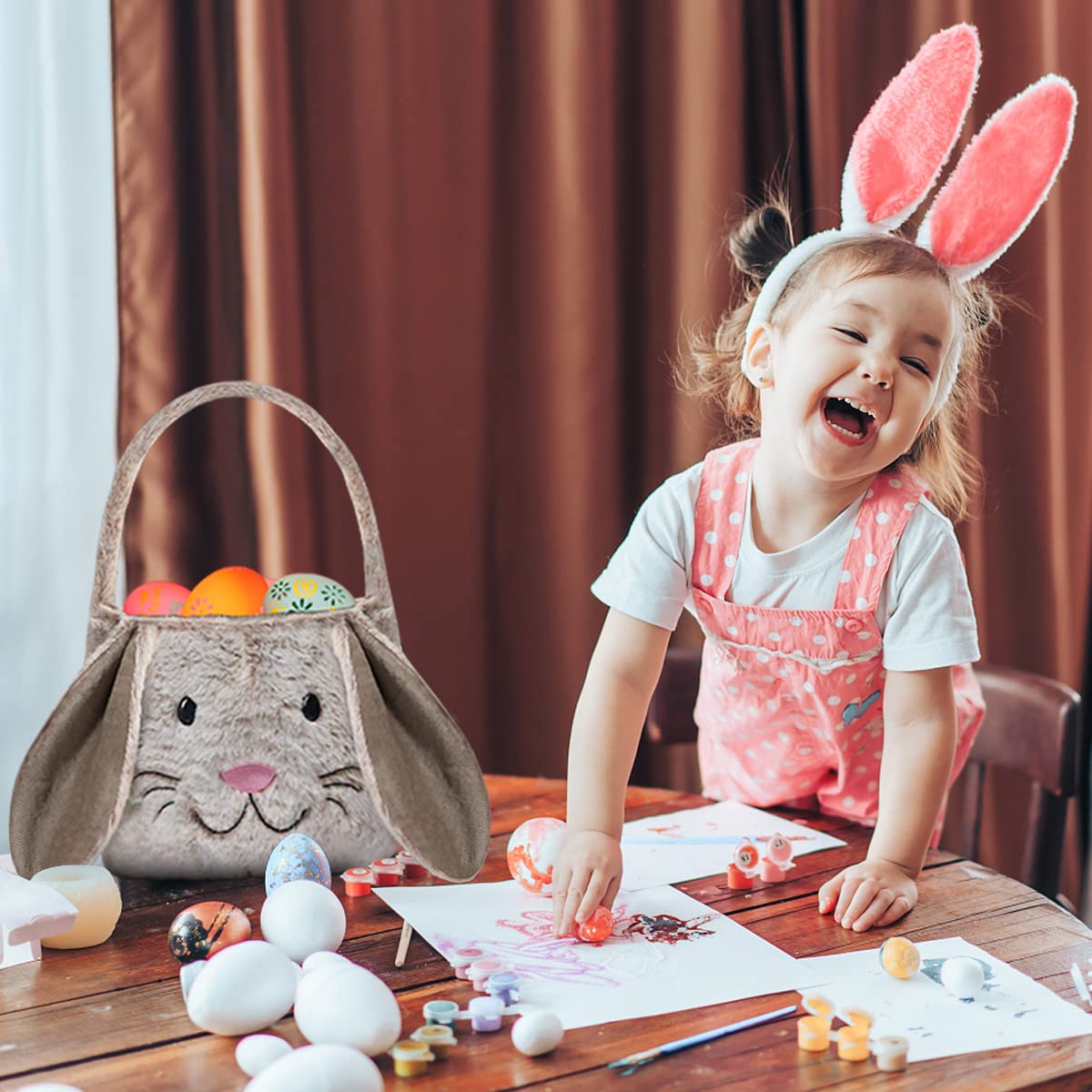 THOVSMOON Easter Bunny Basket,Cute Easter Bucket Bags with Rabbit Ears for Easter Eggs Hunting,Easter Decorations,Candy Gifts Storage (Pink)