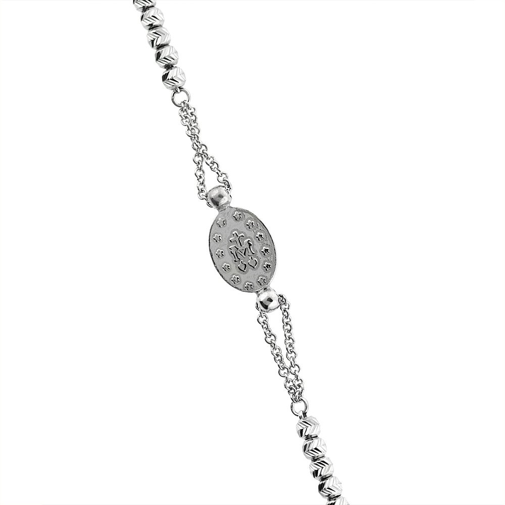 Sterling Silver Miraculous Medal Bracelet Virgin Mary Diamond Cut Beads Rhodium finish Italy