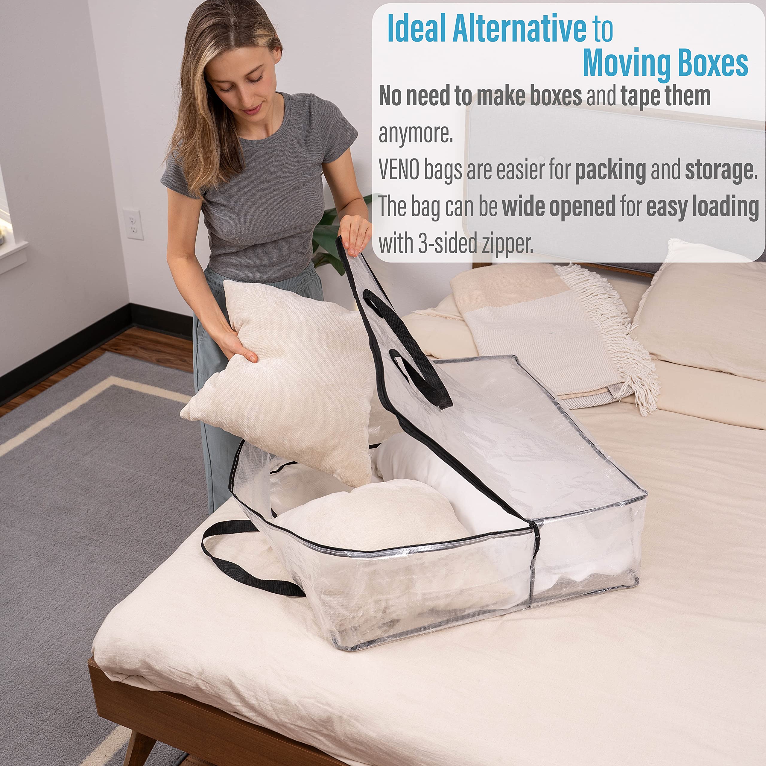 VENO 5 Pack Moving Bags, Wreath Storage Bag, Garland Container, Moving and Packing Supplies for College. Moving Boxes Alternative, Under the Bed Storage, Storage Bags for Comforter (Clear, 5 Pack)