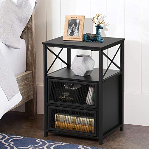 VECELO Nightstand, End Table with Flip Drawer, Modern Night Stand for Bedroom Living Room, Office, Easy Assembly, Set of 1, Black