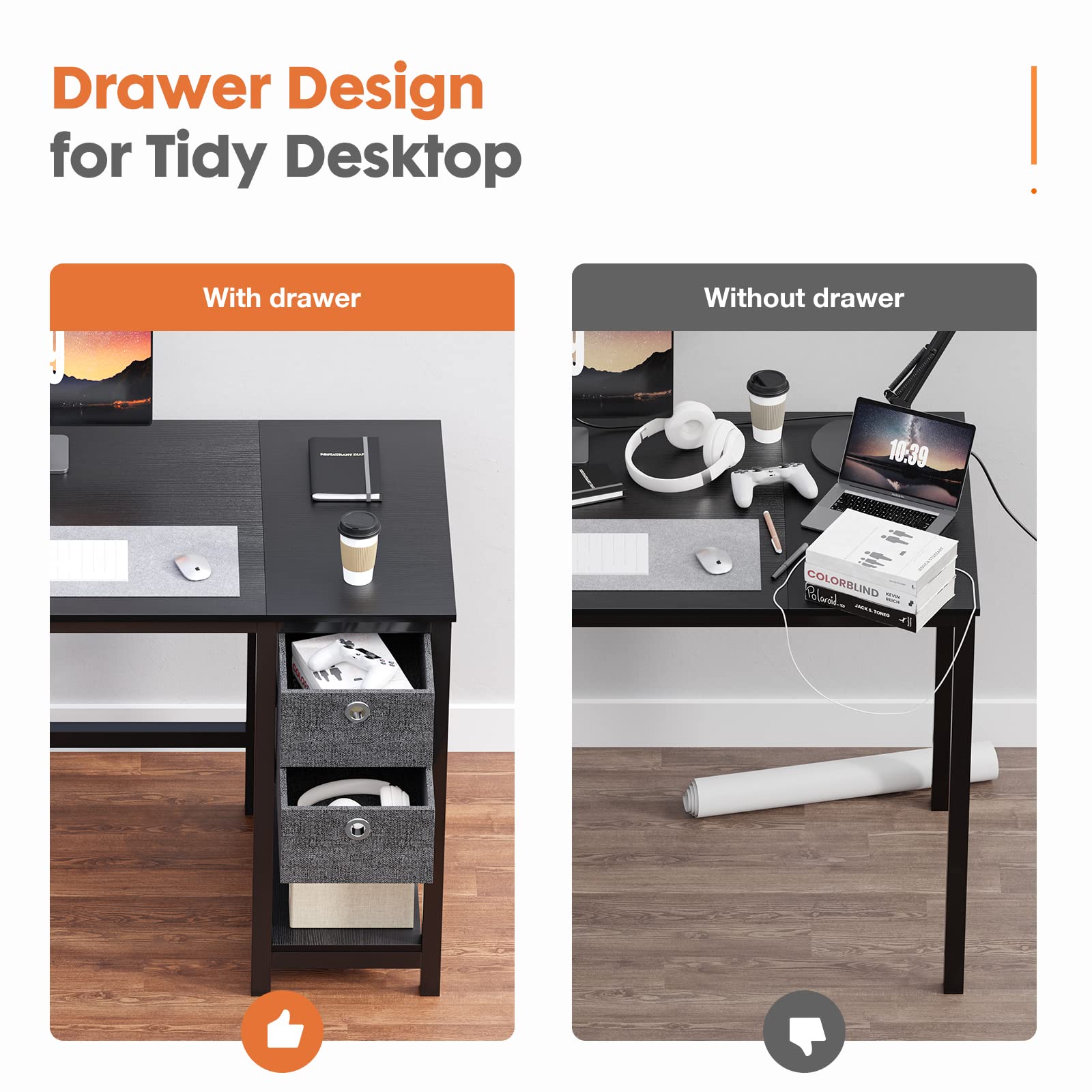 Sweetcrispy Computer Desk 48 Inch Home Office Writing Work PC Table Study Gaming 2-Tier Drawers Storage Shelf Side Headphone Hook, Modern Simple Style Small for Bedroom, Black Wood