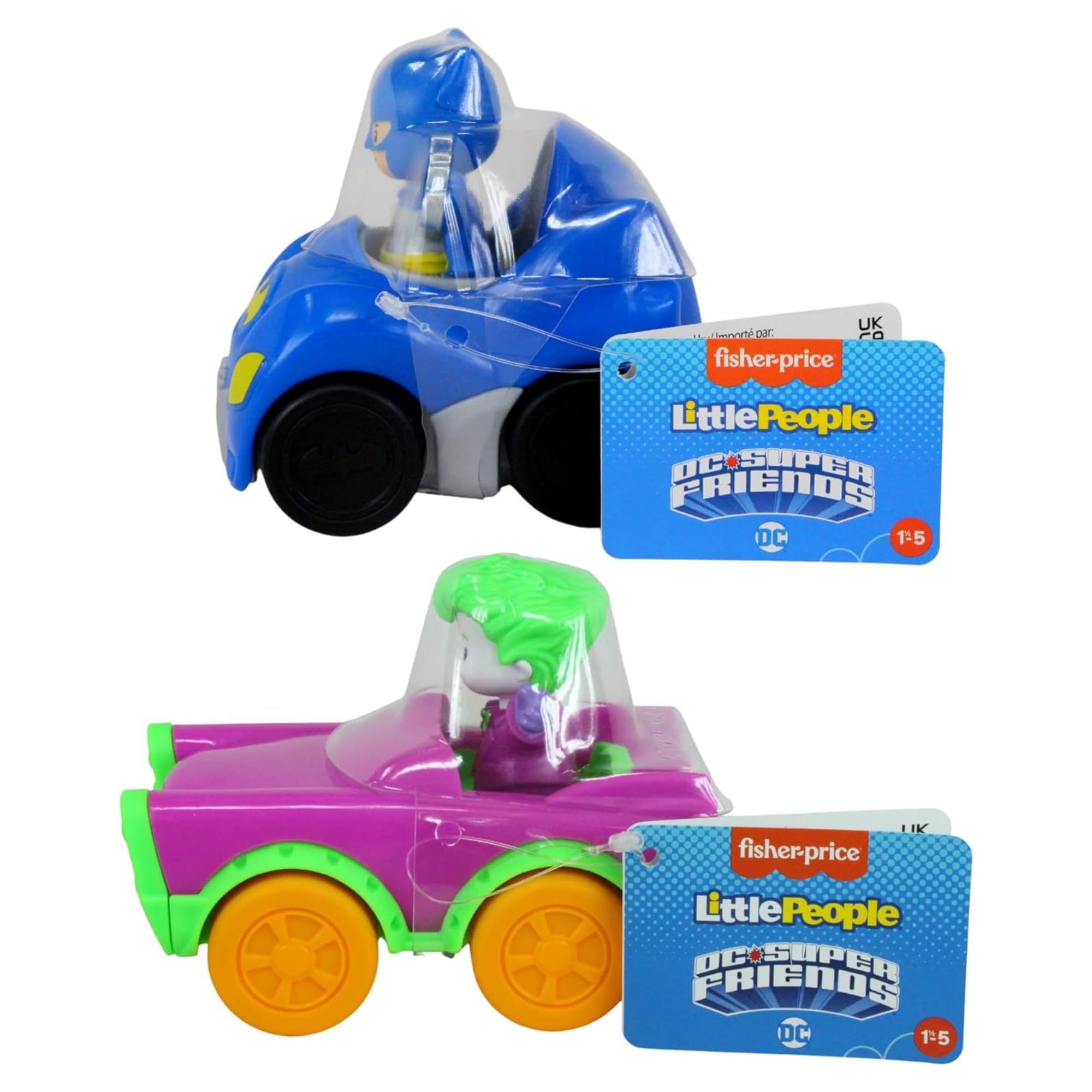 Toptoys2u Bargain Bundles Little People DC Super Friends Large 5" 12cm Wheelies Twin Pack - Includes Batman, Batmobile, Joker & Jokermobile