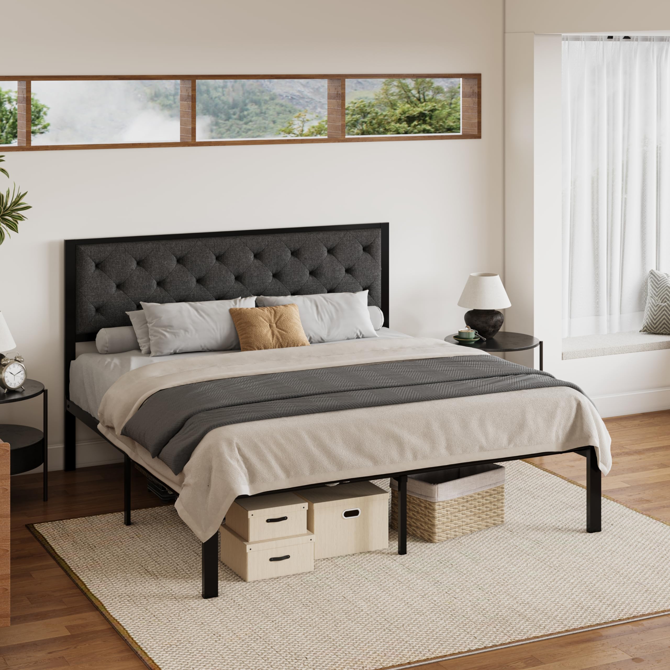 SHA CERLIN King Size Metal Platform Bed Frame with Linen Fabric Upholstered Button Tufted Headboard, Mattress Foundation with 12.4β Storage, No Box Spring Needed, Easy Assembly, Dark Grey