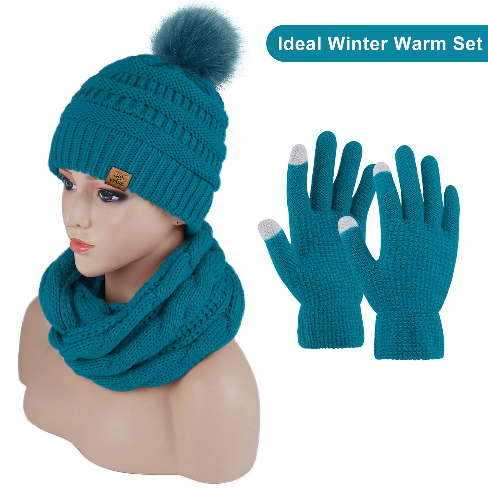 URATOT Winter Warm Knitted Sets Beanie Pompom Hat Scarves Winter Touchscreen Gloves Scarf Set for Men Women