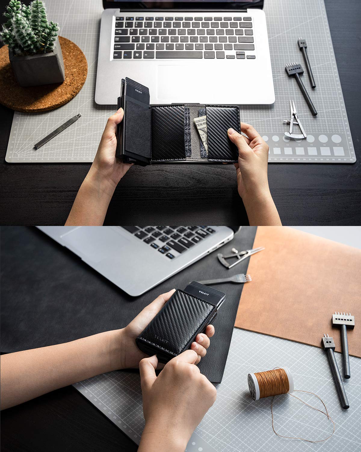 VULKIT Pop Up Wallet Automatic Leather Slim Credit Card Holder RFID Blocking Metal Double Card Case for Men and Women Carbon Fiber Black