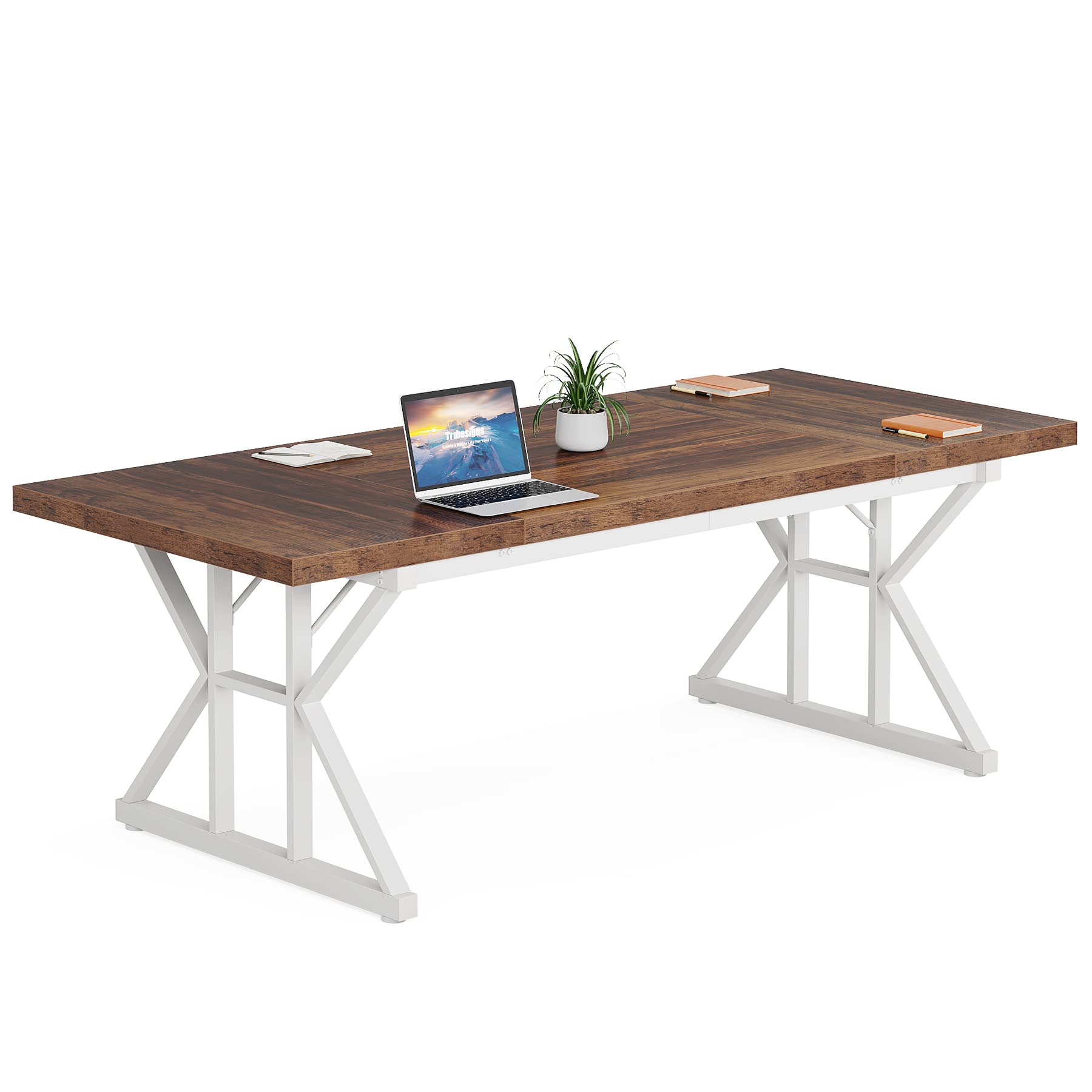 Tribesigns 6FT Conference Table, 70.86 L x 31.49 W x 29.52 H Inches Rectangle Meeting Room Table, Rustic Wood Seminar Table Executive Desk for Office, Conference Room(Brown/White)