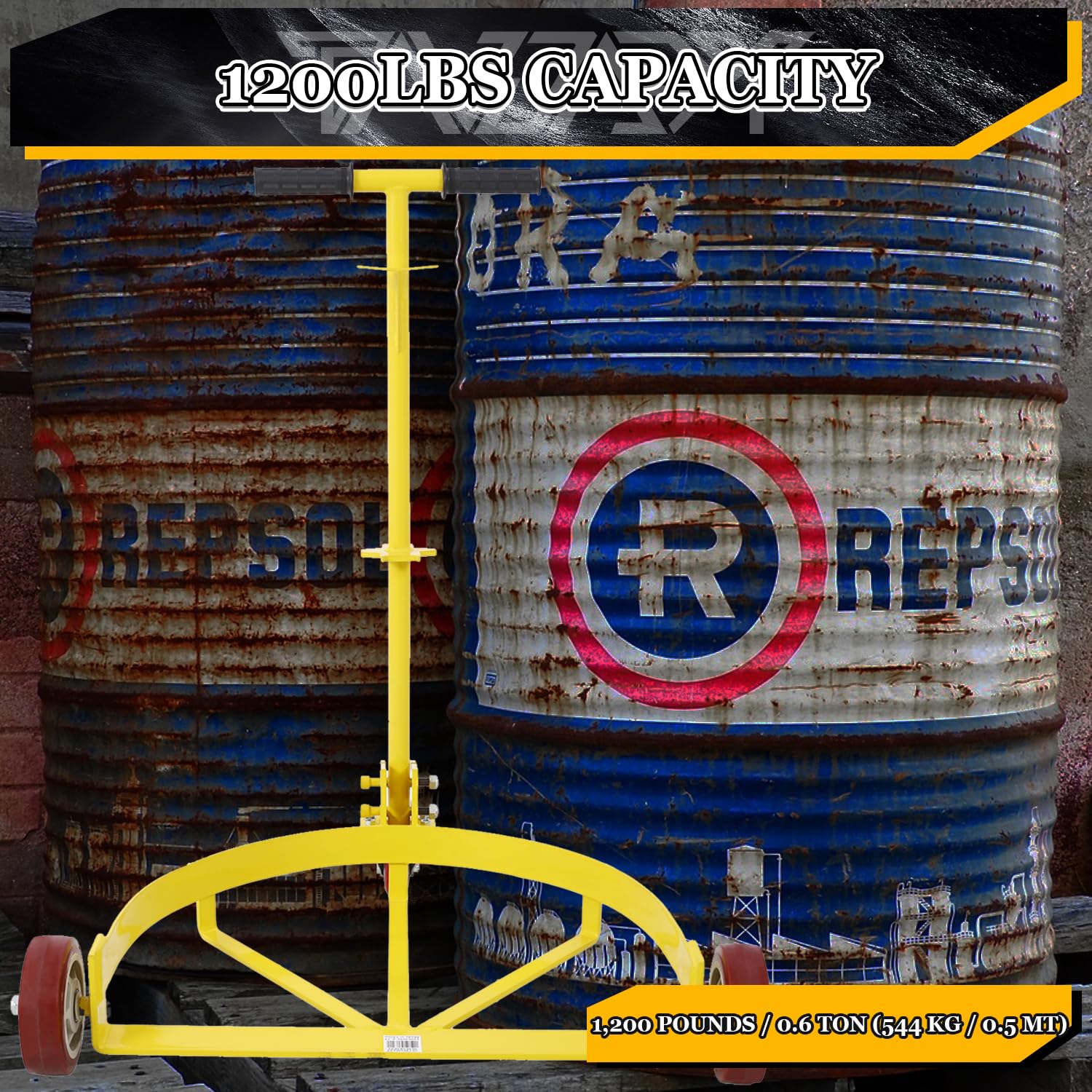 Tandagy 55 Gallon Drum Dolly 1200lbs Capacity Oil Drum Cart with Pivoting T Handle Low Profile Oil Barrel Drum Roller Cart Heavy Duty Oil Drum Caddy with Rotating Wheels for Workshop Factory Warehouse