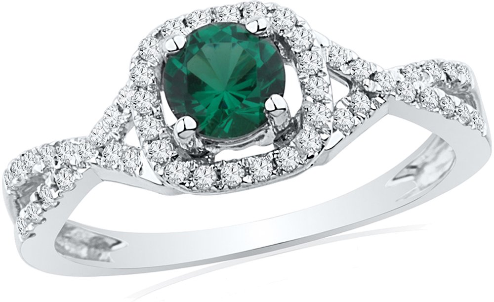 Size - 8 - Solid 10k White Gold Round Green Simulated Emerald And White Diamond Engagement Ring OR Fashion Band Prong Set Solitaire Shaped Halo Ring (1/5 cttw)