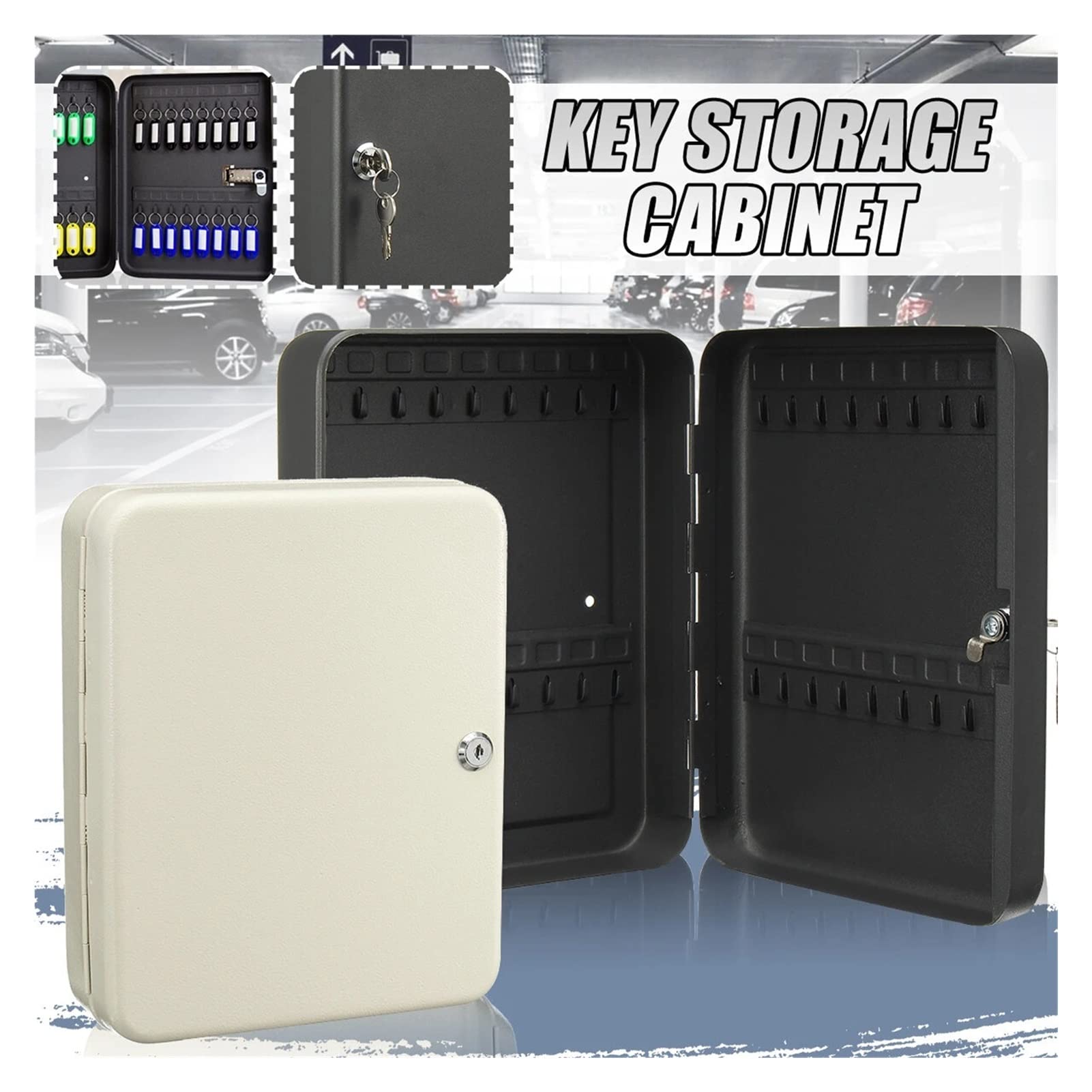 Tool Box Organizer 36Pcs Key Cabinet Storage Tool Box Lockable Security Metal Iron Hook Box Wall Mounted Case - White