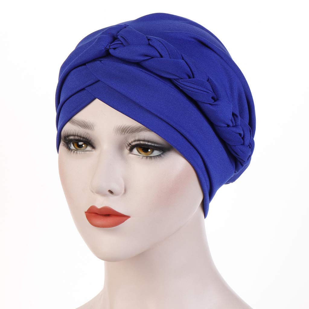 Women's Turban Solid Color Hair Hat Beading Head Wrap Cancer Chemo Patient Muslim Hijab Cap (Blue, One Size)