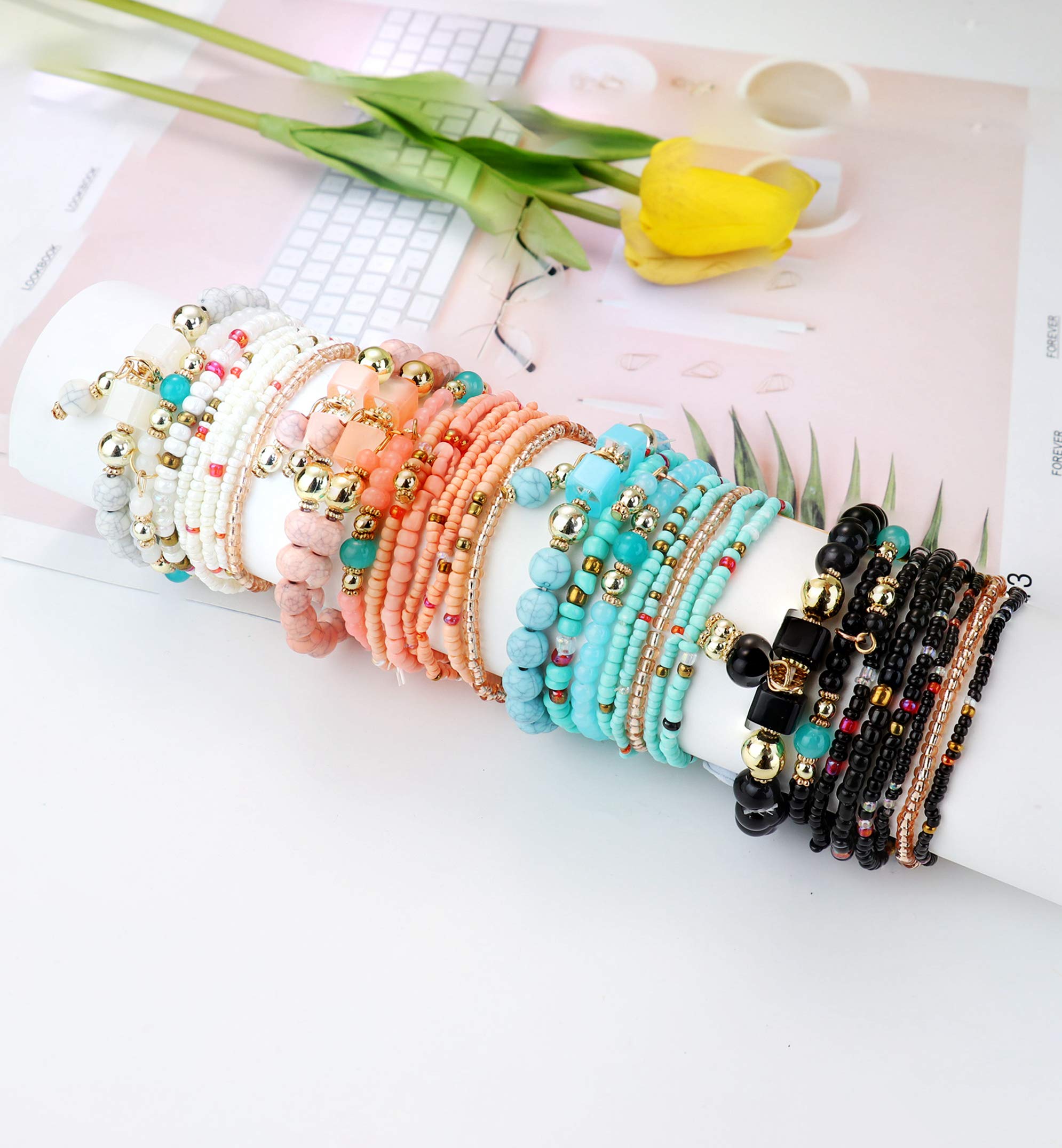 YADOCA 7 Sets Bohemian Stackable Bead Bracelets for Women Multilayer Stretch Bracelet Set Pendant Bangles Multicolor A