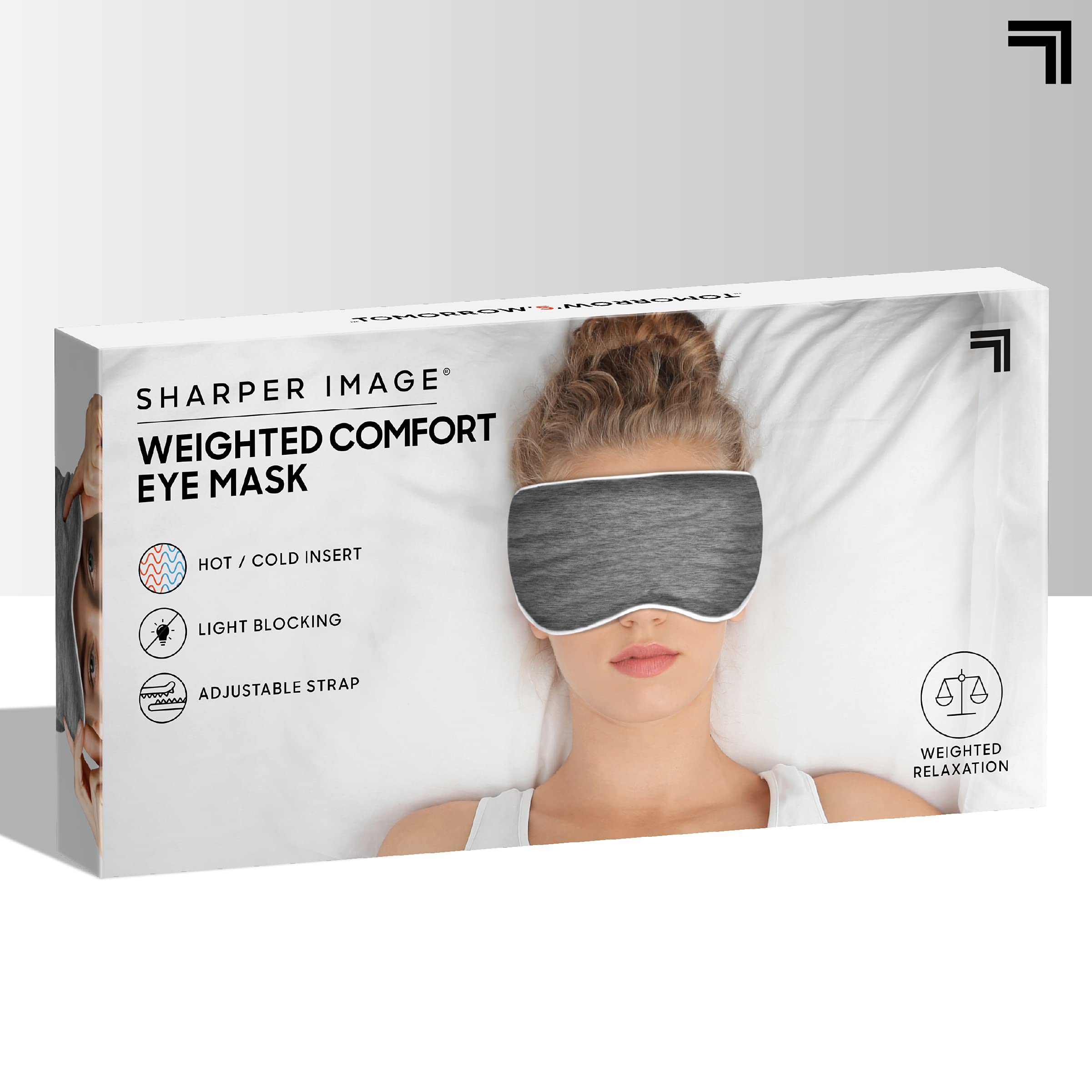 SHARPER IMAGE Weighted Comfort Eye Mask, Hot/Cold Insert, Light Blocking Pain Relief for Headaches Migraine Travel Naps, Adjustable Strap, Super Soft Micro-Plush Fabric