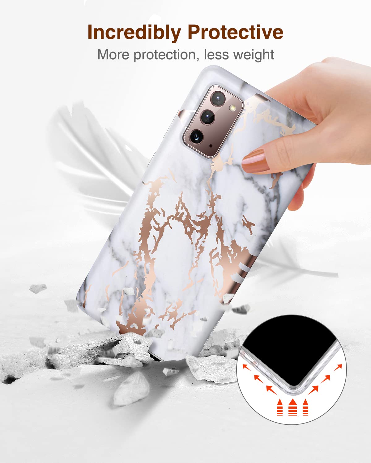 SURITCH Phone Case for Samsung Galaxy Note 20 Case, Front Cover with Built-in Screen Protector Full-Body Protection Shockproof TPU Bumper Protective Case for Man Women Cute, White Marble