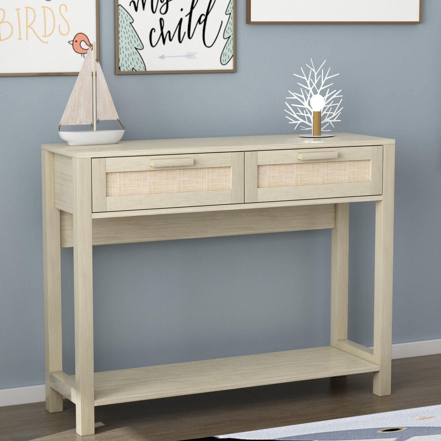 Sofa Table Behind Couch Table for Hallway, Entryway, Rattan 2-Drawer Console Table, Entryway Table Foyer Table for Entryway, Front Hall, Hallway, Sofa, Couch,Coffee Bar, Kitchen W39.4 x D11.8 x H29 in