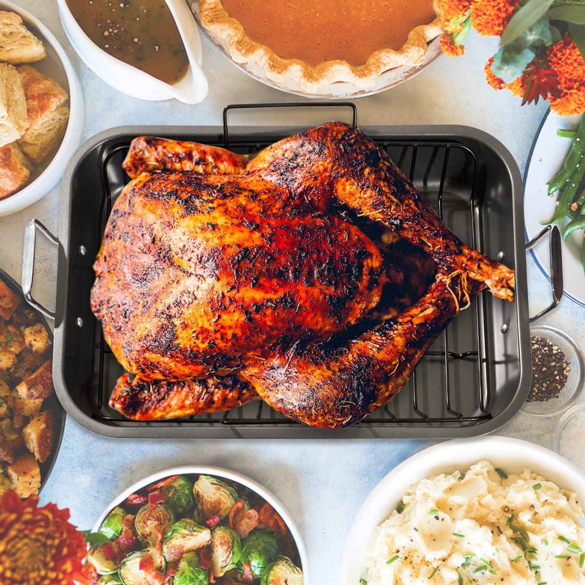 Turkey Roasting Pan With Rack (Grey/Black), By Home Basics | Carbon Steel Non-Stick Pan With Handles | 20" Roaster Great For Ham, Roast Beef, and Prime Rib, Gray, 22"x14.25"