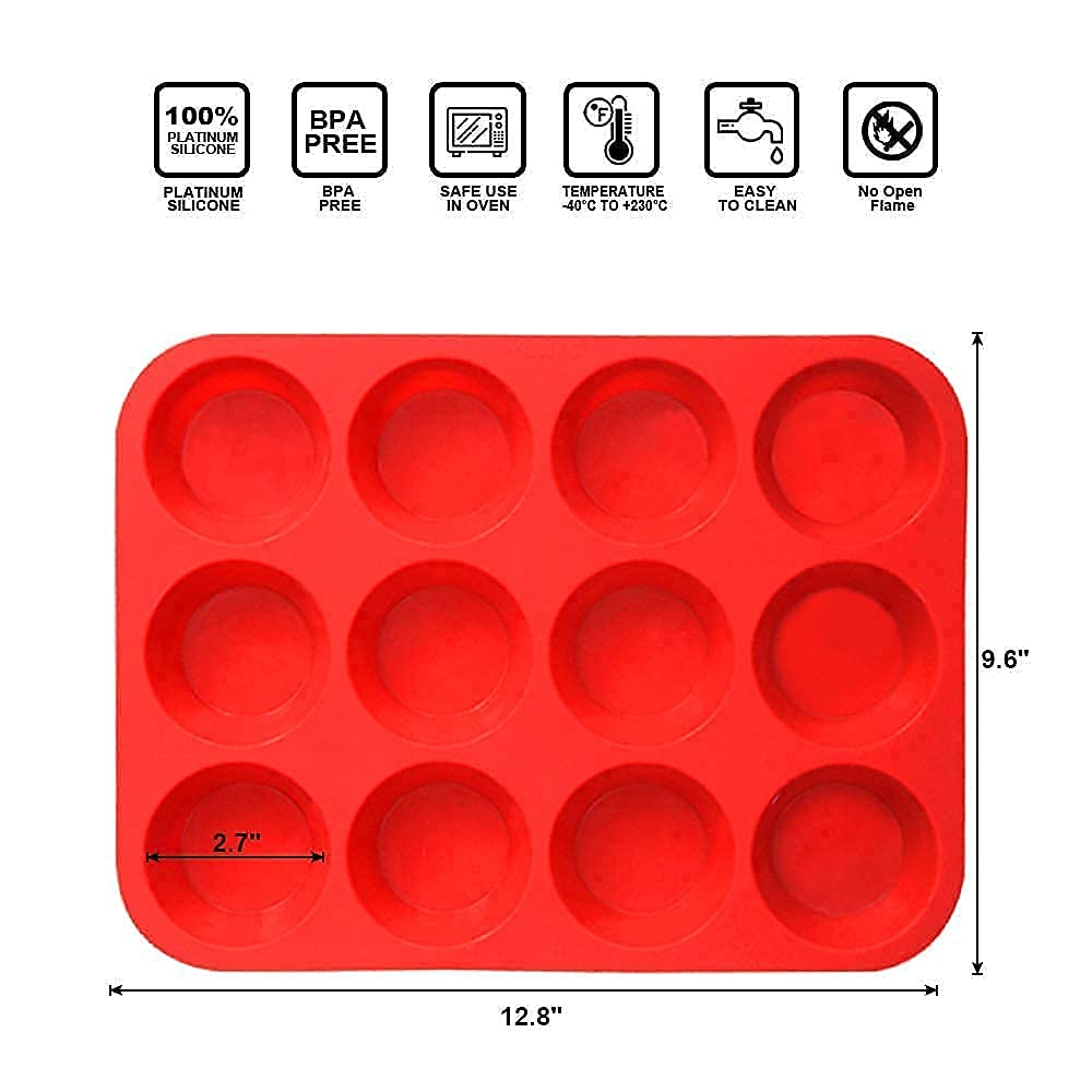 Walfos 2 Piece Silicone Loaf Pan Set and 2 Piece Silicone 12 Cups Regular Muffin Pan Set - Non-Stick Silicone, Just PoP Out ! Food Grade and BPA Free !