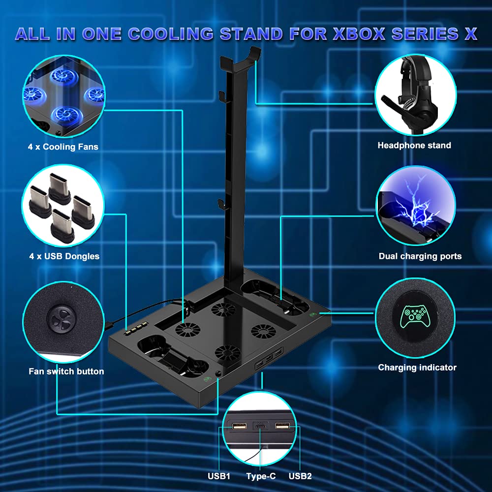 Xbox Series X Cooling Stand, Megadream Dual Controller Charging Dock Station with 4 Cooling Fan, 1 Headphone Holder, 2 Pack 1400mAh Rechargeable Batteries for Xbox Series X Console