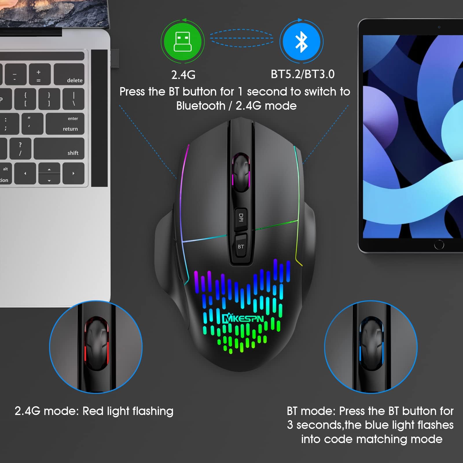 VEGCOO Wireless Gaming Mouse, Silent Rechargeable Wireless Mouse with Colorful LED Lights, 2400 DPI Adjustable Computer Mice with 7 Buttons, Bluetooth Mouse with Thumb Rest for Laptop/PC (C27 Black)