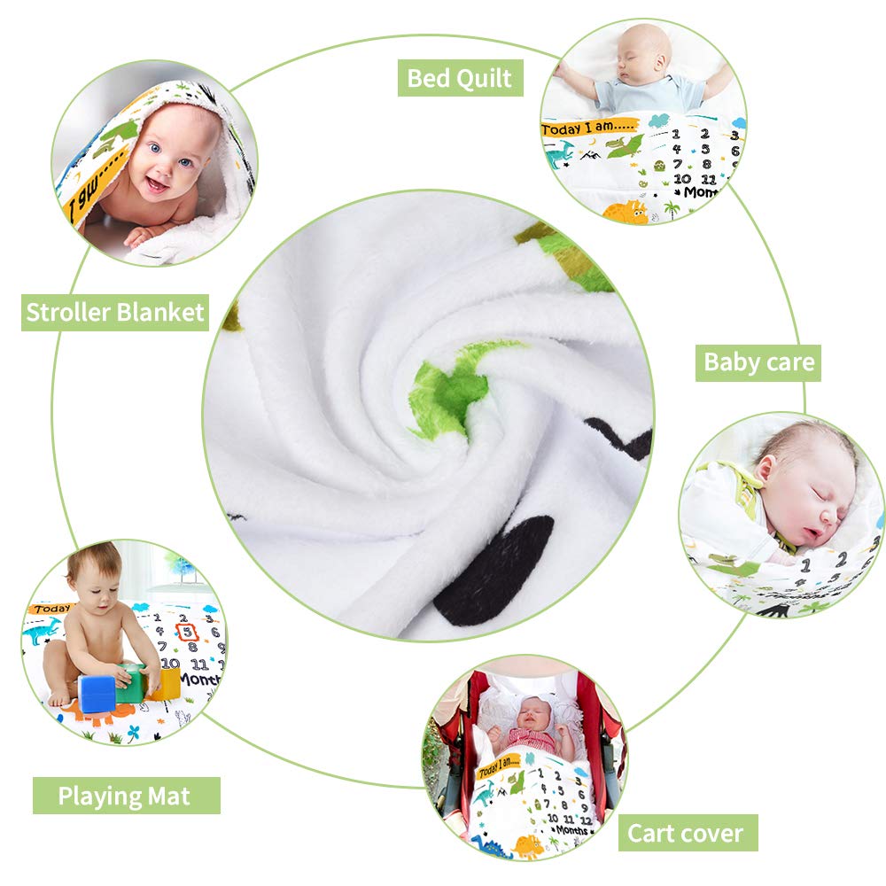 WERNNSAI Dinosaur Baby Monthly Milestone Blanket - Soft Flannel Nursery Bed Blankets for Boys Newborn Blankets, Photography Backdrop with Props