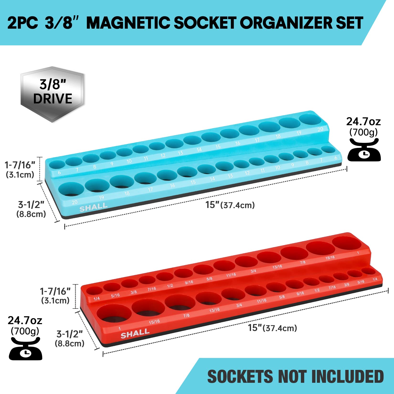 SHALL 3/8 Inch Magnetic Socket Organizer Set, 2-Piece SAE & Metric Socket Holders, Socket Tool Tray Storage Holds 56 Standard Sockets for Toolbox, Tool Carts, Drawers (Sockets Not Included)