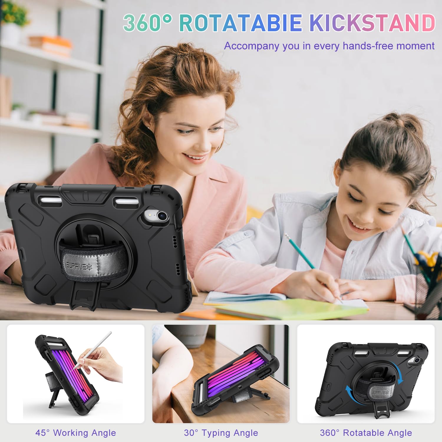SUPFIVES Case for iPad Mini 6 2021: iPad Mini 6th Generation Case 8.3 Inch Military Grade Shockproof Protector Silicone Cover with Pencil Holder - Kickstand - Handle - Shoulder Strap - Black