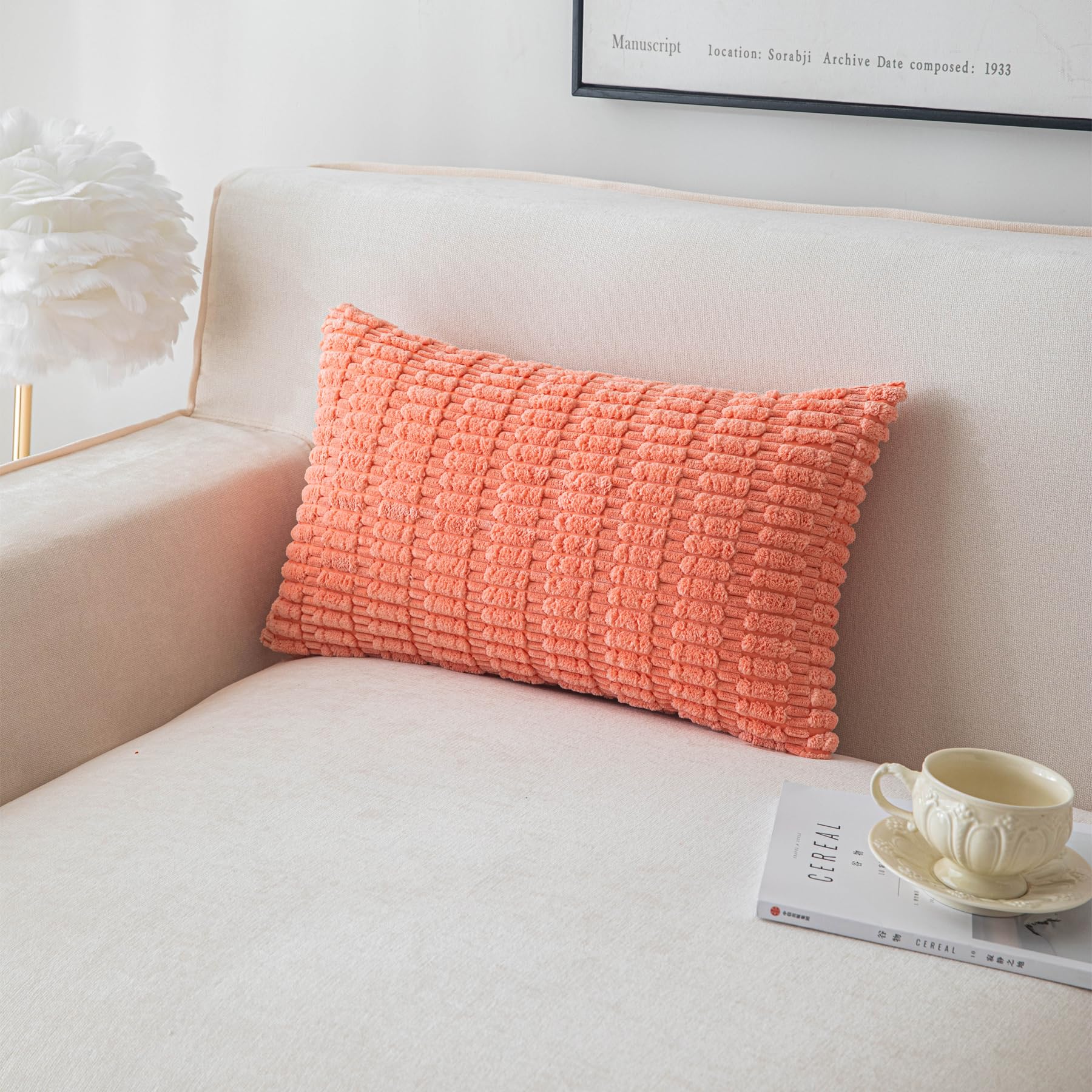 SHITURRE Decorative Throw Pillow Covers for Couch Bed Sofa Livingroom, Tan Square Cushion Covers Corduroy Striped Pillowcases for Boho Home Decor(18"x18", 2 Packs)