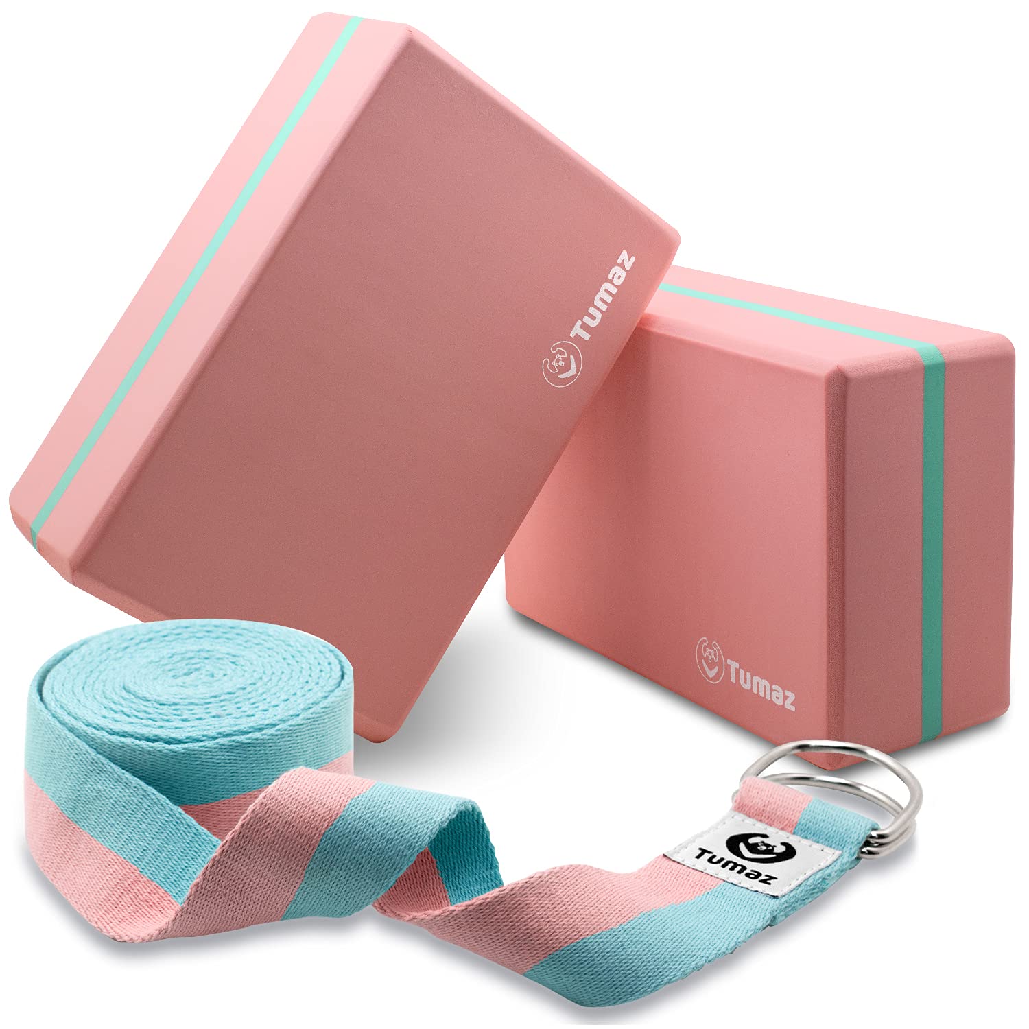 Tumaz Yoga Blocks 2 pack or Yoga Blocks with Strap - Supportive & Non-Slip Surface Exercise Blocks, High Density, Lightweight EVA Foam Yoga Blocks, Yoga Brick for All Yogi