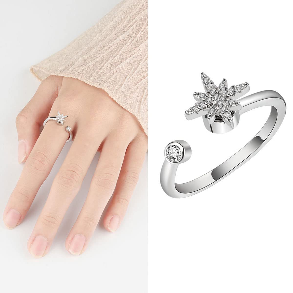 Vito Sterling Silver Fidget Anxiety Ring for Women Girls, Adjustable Open Spinner Ring, Rotatable North Star Stress Relief Band Ring, Stacking Ring Jewelry Gift for Mother Sister