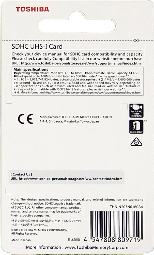 Toshiba 16GB SD Memory Card N203 SDXC UHS1-R100 U1 Retail Pack (THN-N203N0160A4)