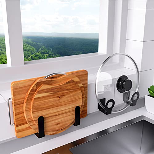 SEYFI Kitchen Shelves,Stainless Steel Kitchen Pot Lid Rack Organizer, Wall Mount Pan Lid Holder, Cutting Board Stand, for Baking Pan, Spatulas, Spoons/Black