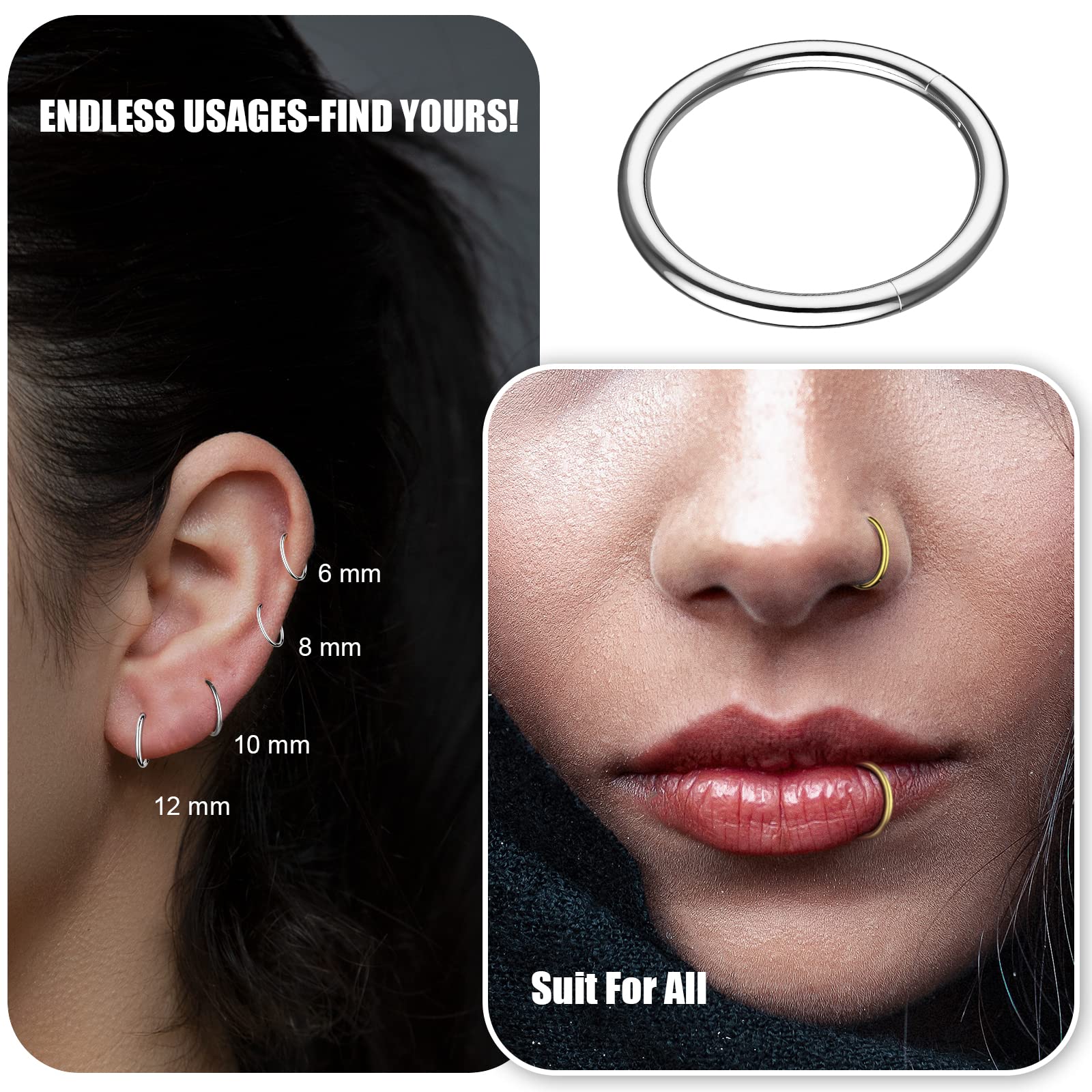 Whisper Nose Rings, 18G Surgical Steel Septum HoopsJewelry Hypoallergenic Hoop Lips 4 Pcs Gold