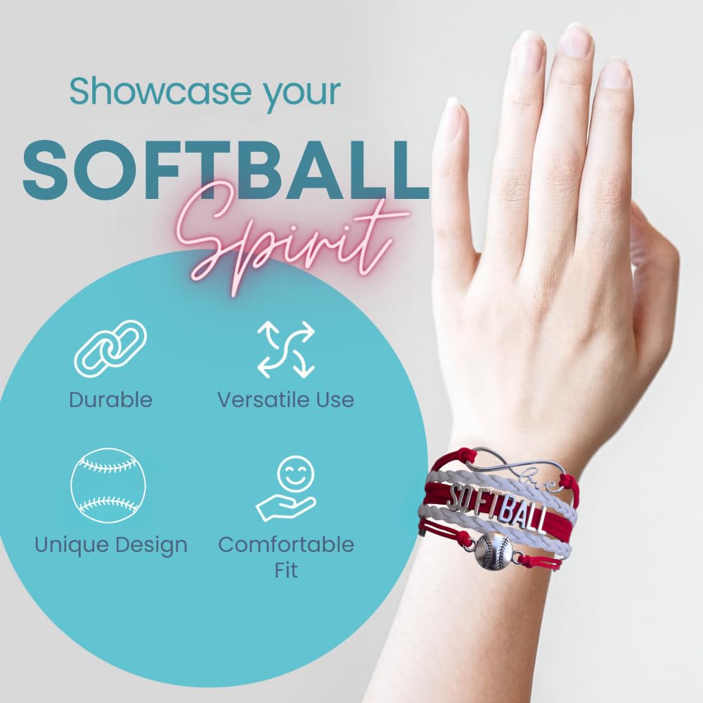 Softball Charm Bracelet (Red/White) Bracelets, Adjustable Bracelet with Softball Charm. Braided Bracelets for Softball Players, Softball Team, and Coaches - by SPORTYBELLA