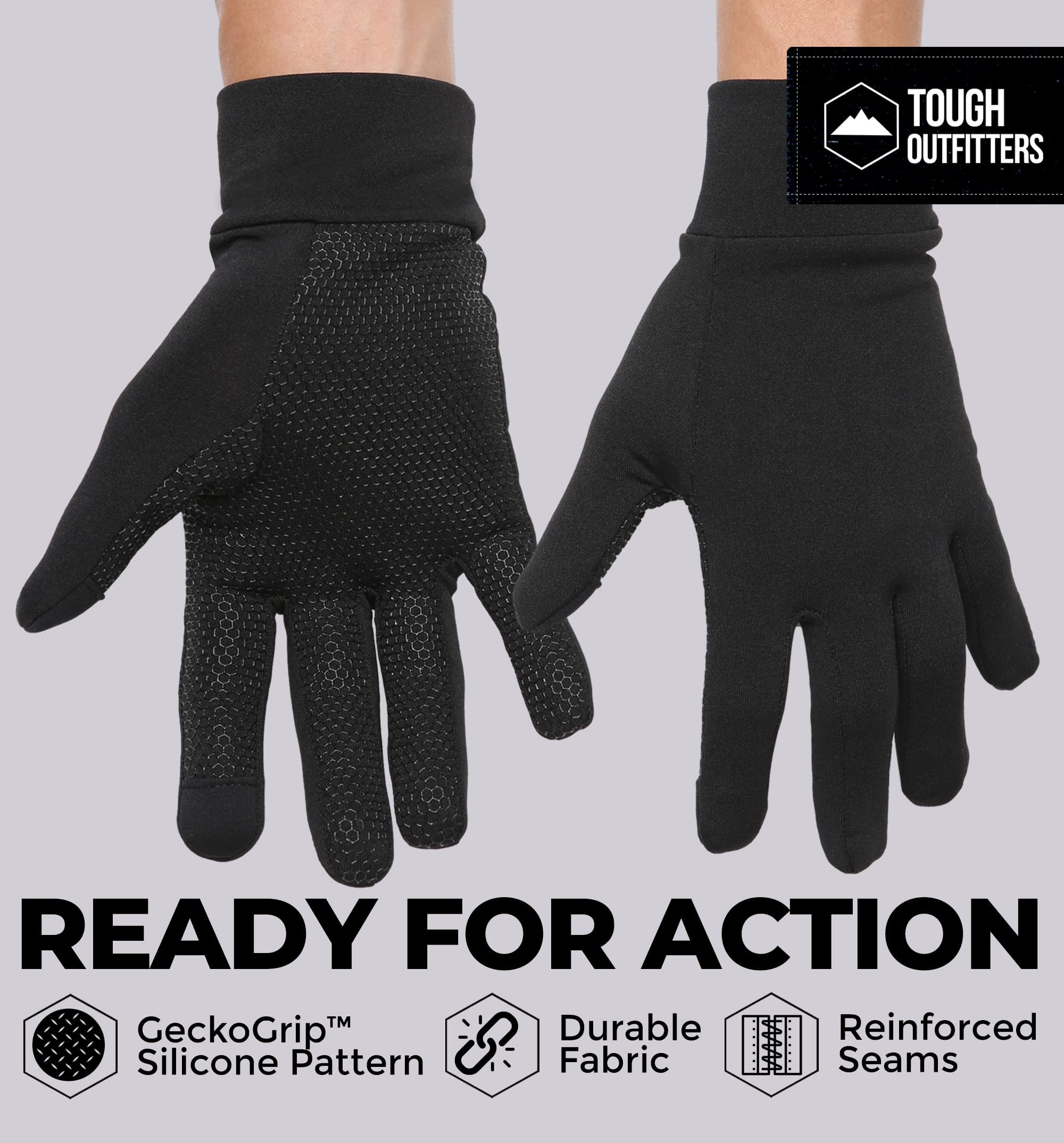 Tough Outdoors Touch Screen Running Gloves - Black Winter Glove Liners for Texting, Cycling, Exercise & Sports - Thin, Lightweight & Warm Cold Weather Thermal Gloves - Super Grippy Palm X-Large