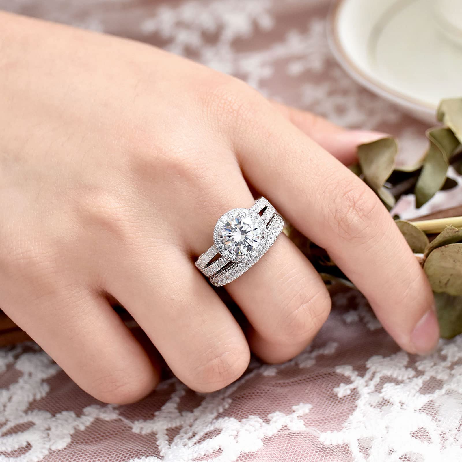Wuziwen 4Ct Wedding Rings Engagement Ring Set for Women Cubic Zirconia 925 Sterling Silver Size 7