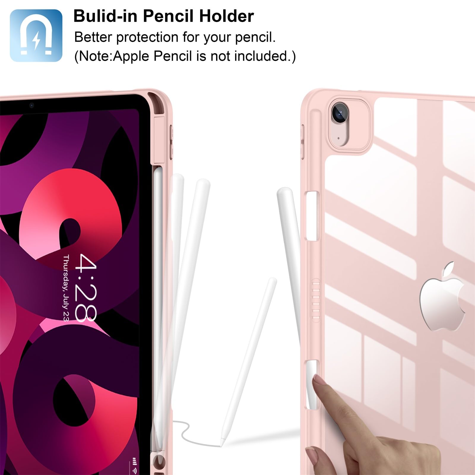 Supveco for iPad Air 5th/4th generation Case 2022/2020 with Pencil Holder,[Support Auto Sleep/Wake],Transparent Back and TPU Shockproof Frame Cover for iPad Air 10.9 inch/iPad pro 11 inch-Rose Gold