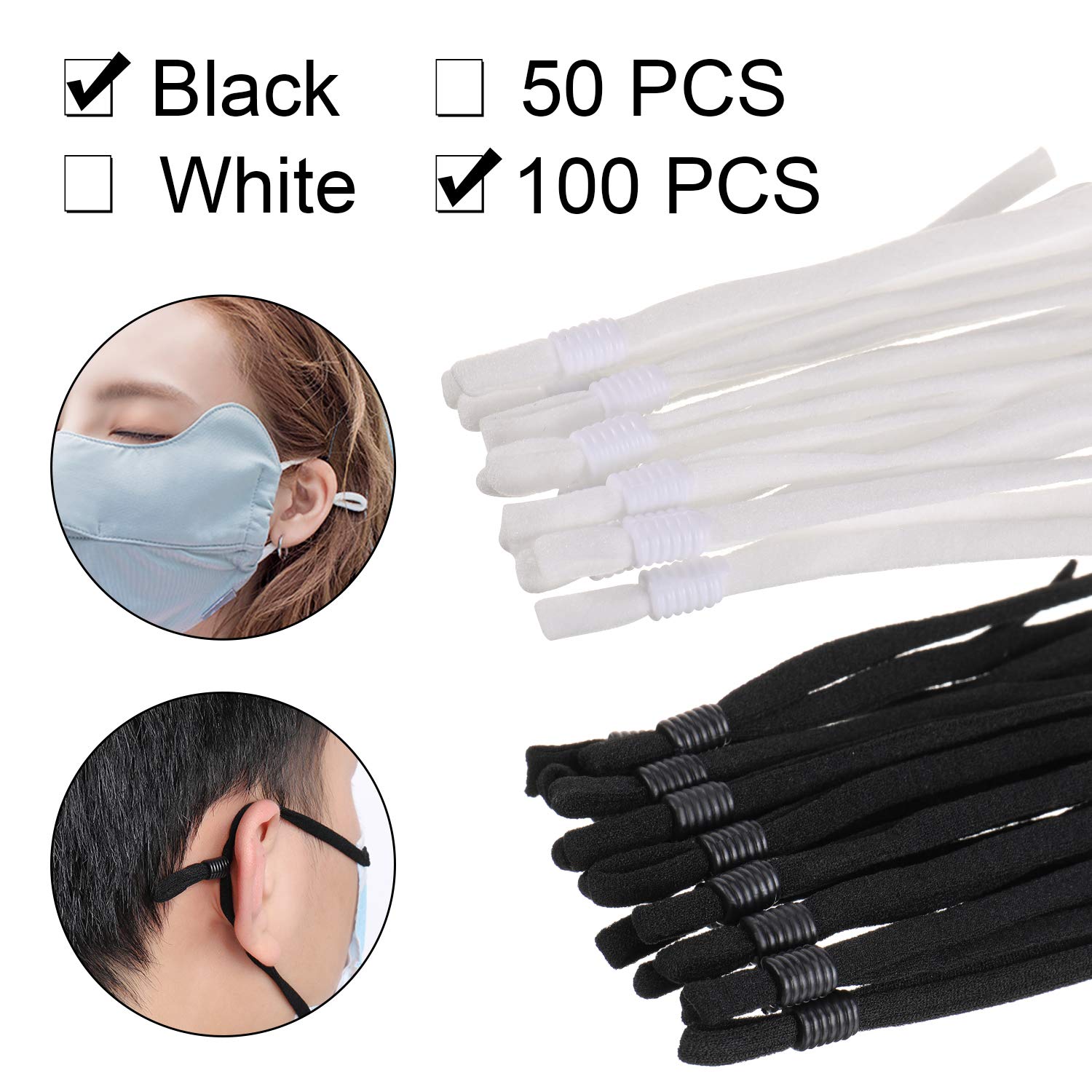 TOOVREN Upgraded 100PCS Elastic Cord String for Masks with Adjustable Buckle Lock Soft Elastic Band for Sewing Stretchy Strap with Adjuster Stoppers Clip Earmuff Earloops for Adult Kids Black